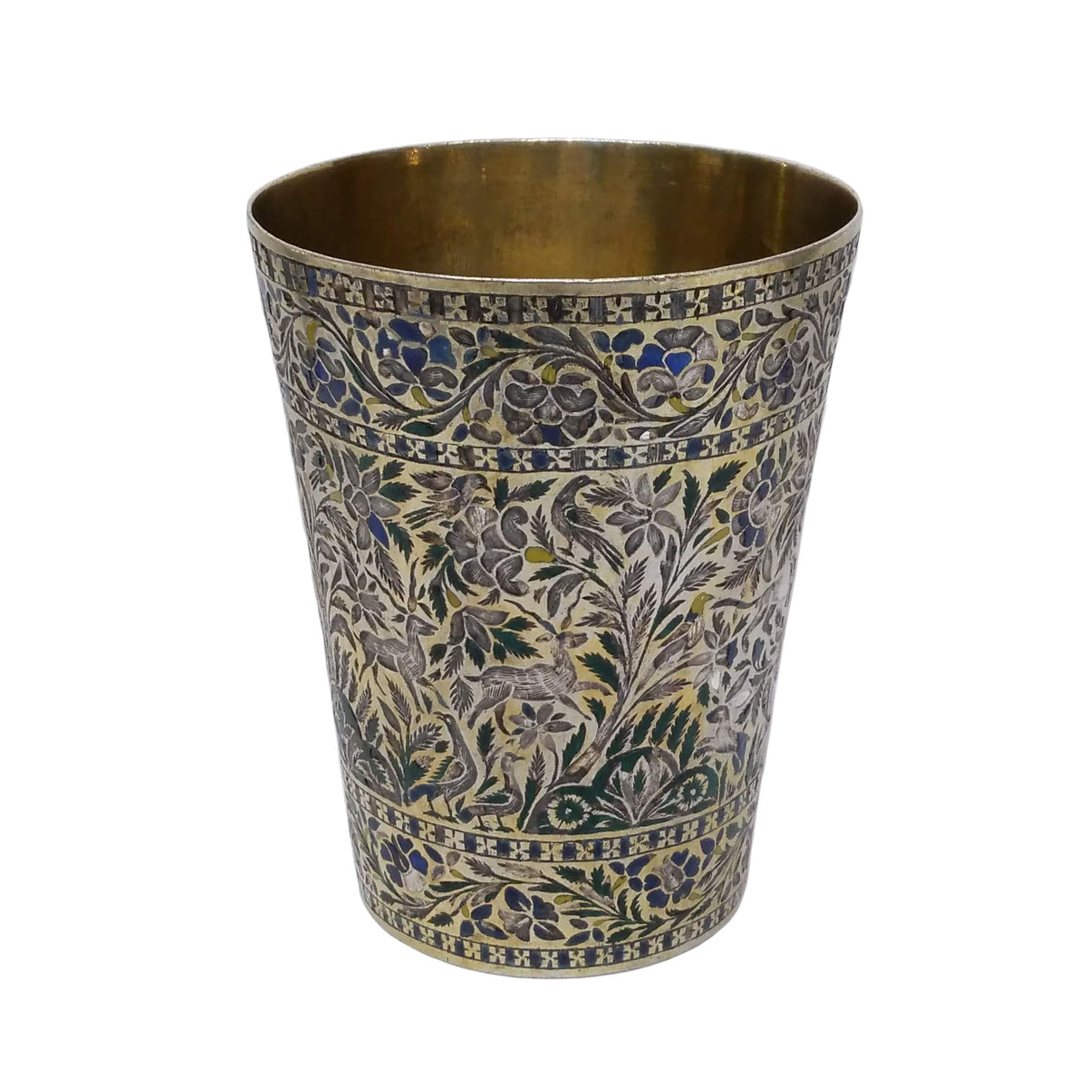 Antique Indian Silver Gilt & Enamel Beaker Minakari, Animal Scenes, Lu ...