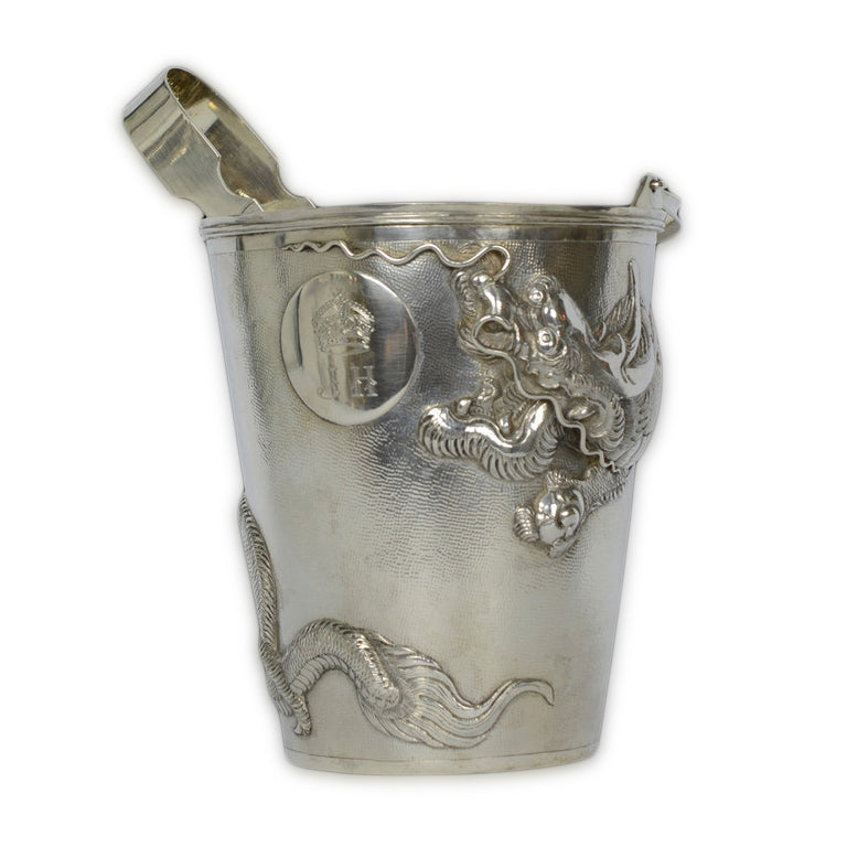 Antique Chinese Export Silver Ice Bucket & Tongs with Dragon Decoratio ...